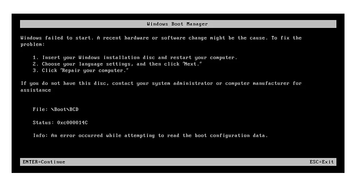 修复 0xc000014c 引导配置数据错误 Errortools